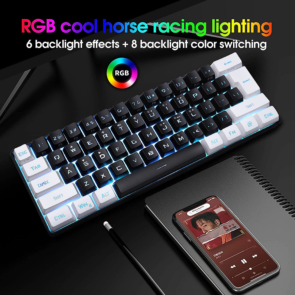 60% Wired Gaming Keyboard, RGB Backlit Ultra Compact Mini Keyboard, Waterproof Mini Compact 61-key Keyboard for PC/Mac Gamers, Typist, Travel, Easy Travel (Black & White)