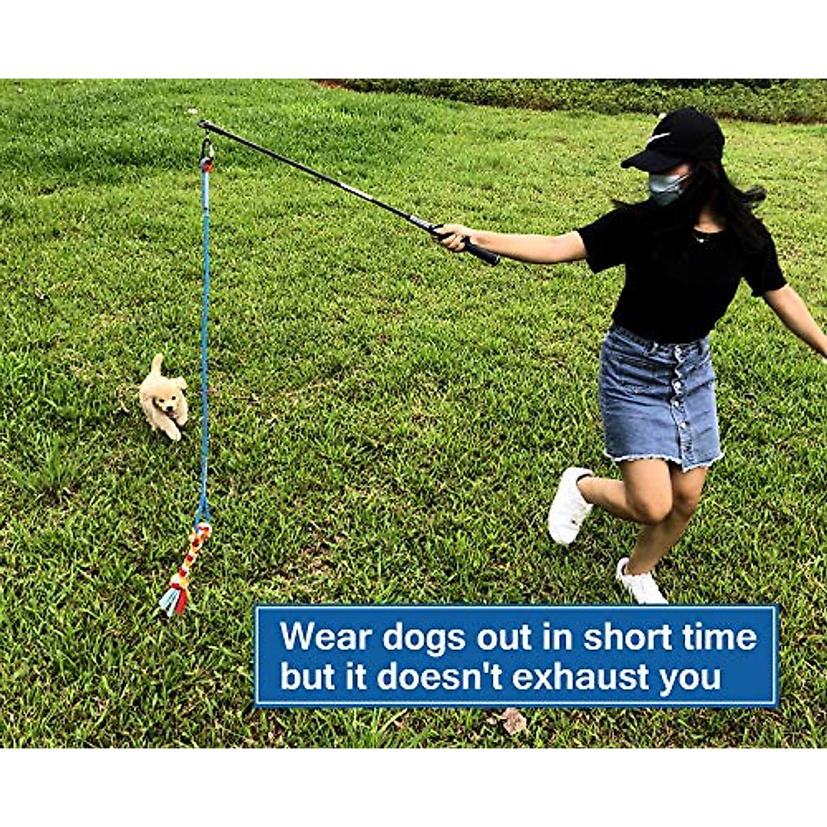 Interactive Flirt Pole Toy for Dogs Chase and Tug of War,Durable Teaser Wand with Pet Fleece Rope Tether Lure Toy to Outdoor Exercise & Training for Small Medium Large Dogs (Blue/Red, POLE-35 inches)