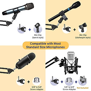 CAHAYA 2 in 1 Microphone Arm Stand and Phone Stand with Pop Filter 2 Mic Clip and 3/8" to 5/8" Adapter Heavy Duty Adjustable Suspension Boom Scissor Microphone Stand for Blue Yeti Snowball CY0263-1