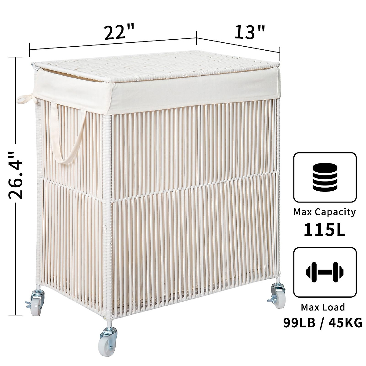 WOWLIVE Laundry Hamper with Wheels, Handwoven Rolling Laundry Basket with Lid, Clothes Hamper with Divided Removable Liner Bag, 115L Large Capacity Laundry Sorter Laundry Room Organization, White