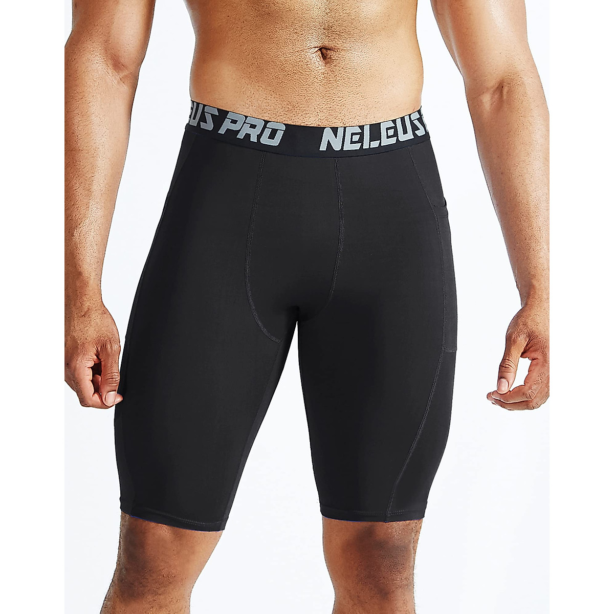 NELEUS Men's 3 Pack Compression Shorts with Pockets Dry Fit Yoga Running Shorts,6063,Black/Grey/Navy Blue,S