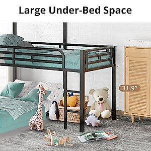 INCLAKE Metal Triple Bunk Bed, L-Shaped Bunk Bed for 3, Twin Size Bunk Bed Frame with Full-Length Guardrails & Long & Short Ladders, Space Saving Bunk Bed for Children, No Box Spring Needed, Black