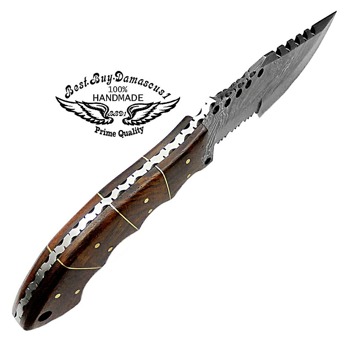 Best.Buy.Damascus1 Rose Wood 9.5'' Fixed Blade Custom Handmade Damascus Steel Tracker Hunting Knife Brass Pins Spacers Unique Beautiful File Work On Handel Come With Leather Sheath Prime Quality