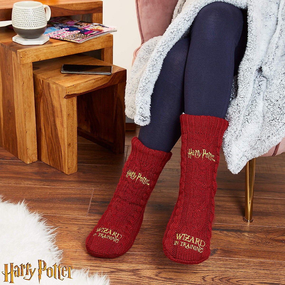 Harry Potter Womens Slipper Socks, Fleece Lined Non Slip Socks - Gifts for Her (Burgundy)