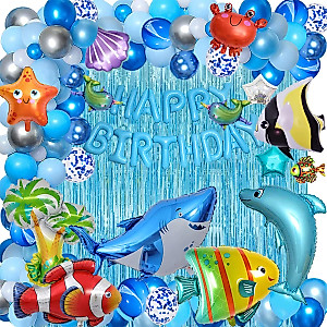 YinQin 176 PCS Ocean Blue Happy Birthday Party Balloons with Pump Under Sea Fish Birthday Balloons Decorations Baby Shark Happy Birthday Balloons Set Blue Sea Happy Birthday Party Supplies for Kid