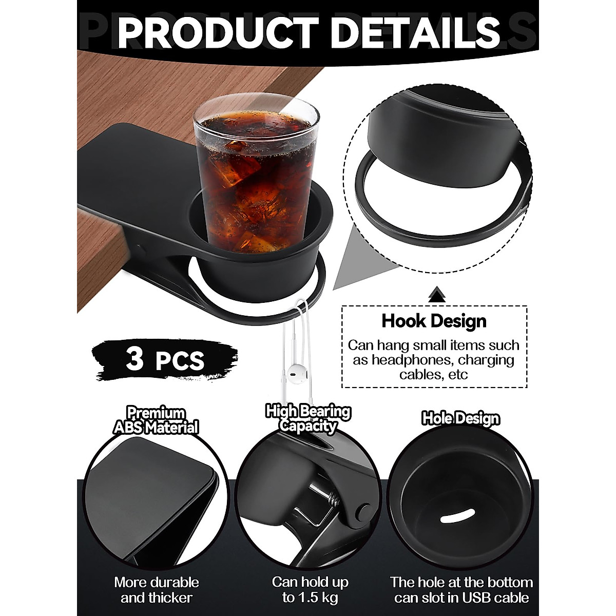 3PCS Drinking Cup Holder Clip, Kalolary Chair Desk Bottle Cup Stand DIY Glass Clamp Storage Saucer Clip for Potted Plant Beverage Soda Coffee Mug Holder Clip for Home & Office (Black)
