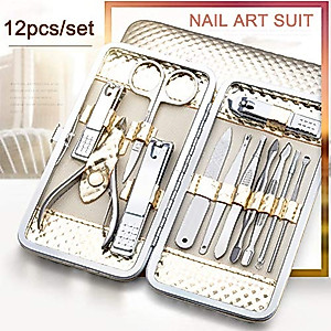 Professional Nail Clipper Set, Manicure Tools, Pedicure Kit, 12 In 1 Stainless Steel Professional Grooming Kit with Luxurious Travel Case(Gold)