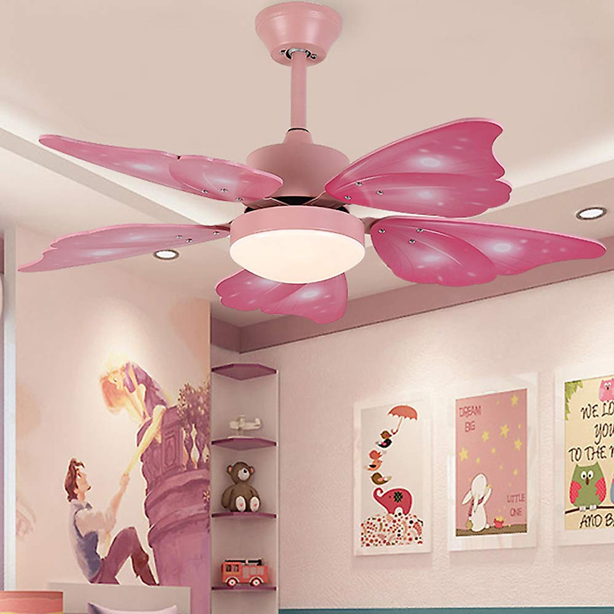 KWOKING Lighting Creative Butterfly Wing Ceiling Light and Fan with Remote Control 5 Blades LED Bedroom Hanging Fan Light Adjustable Speed for Kids Bedrooms - Pink