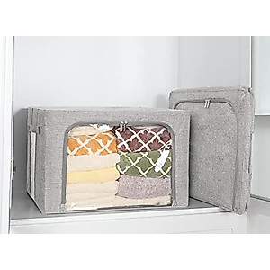 2 Pack Clothes Storage Bins - Foldable Metal Frame Storage Box - Stackable Linen Fabric Organizer Set with Carrying Handles