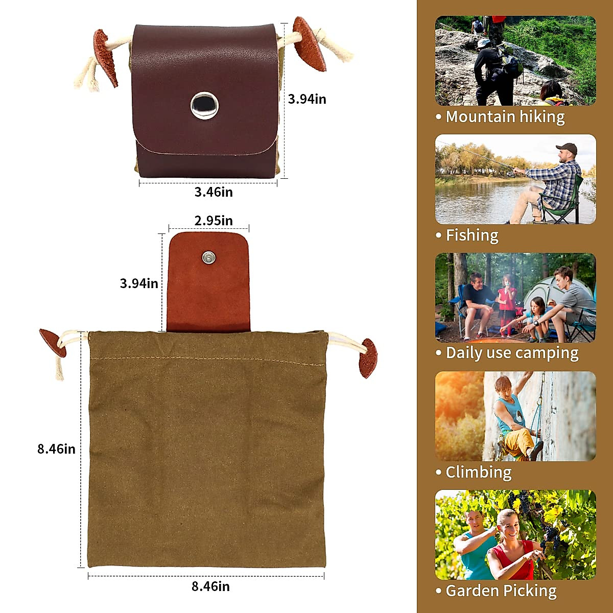 VINGNUT Foraging Bag, Collapsible Foraging Pouch, Outdoor Waxed Canvas Bag ,Leather Bushcraft Belt Bags, Mushroom Collecting Waterproof Pouch for Camping Hiking Traveling