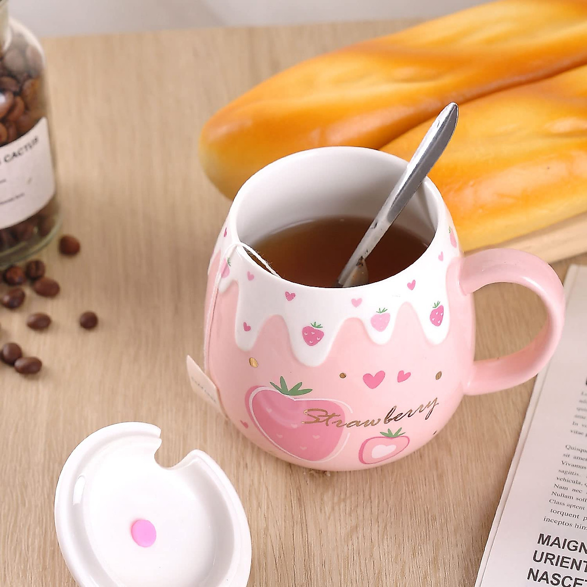 WHJY Pink Female Coffee Cup Mug, Strawberry Korean Lovely Student Ceramic Breakfast Cup with Lid and Spoon – 450ml/15oz, Pink D
