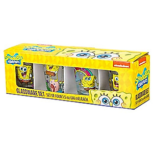Silver Buffalo SpongeBob SquarePants Poses Floral Krabby Patty 4-Pack Mini Glass Set, 1.5 Ounces