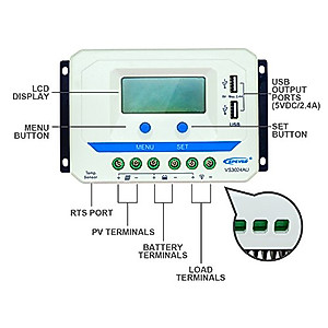 EPEVER Solar Charge Controller 30A PWM VS3024AU with Dual USB Ports Solar Panel Battery Regulator 12V/24V Auto Work with LCD Display (30A)