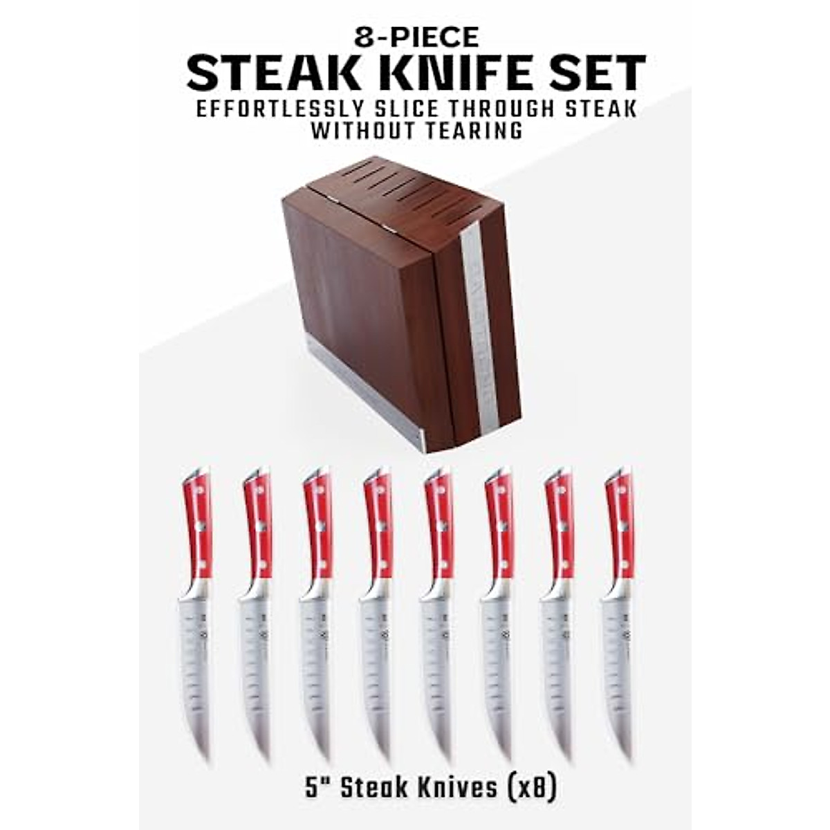 DALSTRONG Steak Knife Set - 8 Piece - 5 inch Straight Edge Blade - Gladiator Series Elite - Forged High-Carbon German Steel Dinner Kitchen Knife - Red ABS Handle - Folding Block Set - NSF Certified