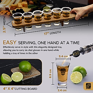 Don Paragone Calavera Tequila Shot Board Set - Fine Oak Wood Shot Glass Holder Tray with 6 Tequila Shot Glasses, Cutting Board, Lime Knife, Salt Tin, Bottle Pourer - Tequila Gifts for Tequila Lovers