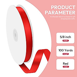 Quhora 5/8 inches Wide x 100 Yards Single Faced Red Polyester Satin Ribbon, Satin Ribbon for Gift, Crafts, Hair Bows, Gift Wrapping, Wedding Party Decoration and More