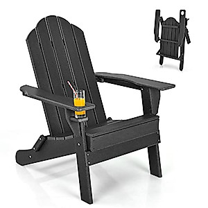 Giantex Adirondack Chair Outdoor Folding Chairs, HDPE Weather Resistant Patio Chair with Built-in Cup Holder Lawn Chair for Patio, Backyard, Balcony, Deck Outside Plastic Fire Pit Chair(1, Black)