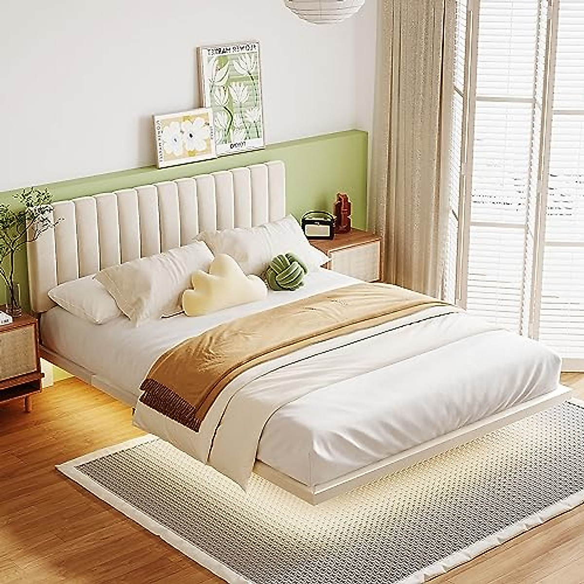 JIVOIT Queen Size Upholstered Bed with LED Lights, Floating Velvet Platform Bed with Headboard and Wood Slats Support, Modern Upholstered Platform LED Bed Frame (Beige-081)