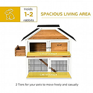 PawHut Rabbit Hutch Outdoor for 2 Rabbits, Wooden Rabbit Cage with Flower Bed, Removable Tray, Ramp