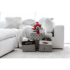 HYGGE + Linen Storage Bin Basket 15.8" x 12.5" x 10" Durable fabric & lightweight design. Great for storing toys, books, linens, games, clothing, baby products & more! (WHITE/QTF GREY, 2 PACK)