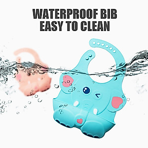 ZIMFANQI Silicone Baby Bibs, 2 Pack Waterproof Easy Wipe Adjustable Bibs with Elephant Printed, Soft Baby Feeding Bibs with 6-Gear Adjustment for Toddlers Girls Boys Kids - Baby Blue/Baby Pink