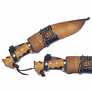 ESK Hand-Hammered Historical Iraqi Kukri Knife, 10” Blade Carbon Steel Kukri with Leather Sheath and 2 small knives, Handmade in Nepal by Bishwakarmas