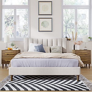 JIBELL Linen Upholstered Platform Bed Frame with Vertical Channel Tufted Headboard, No Box Spring Needed, with Slat Support and Wood Legs, Easy Assembly. (Cream,Queen)