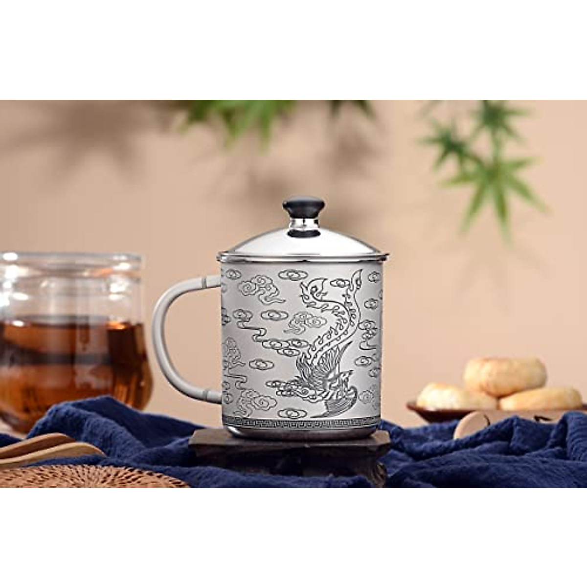 GOHQ 999 Sterling Silver Tea Cups with Lid, Chinese vintage Tea Cups Coffee Mugs Office Travel Camping Tea Mug Cups 14oz for Mom Dad Grandma Grandpa As a Birthday Christmas New Year Gifts