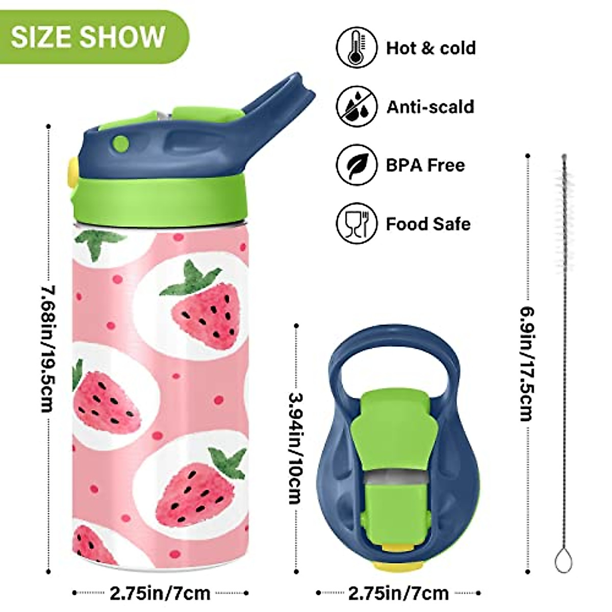 Kigai Strawberry Kids Water Bottle, BPA-Free Vacuum Insulated Stainless Steel Water Bottle with Straw Lid Double Walled Leakproof Flask for Girls Boys Toddlers, 12Oz