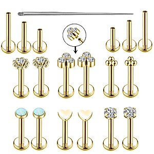 Yjbglrygf 16G Monroe Lip Piercing Jewelry Labret Studs Tragus Hoop Earrings Internally Threaded Lip Stud Nose Piercing Stud Flat Back Opal Zircon Helix Earring Studs(16G*8mm, gold)