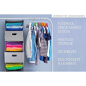 Closet Organizer Hanging Shelves, 6 Shelf Closet Storage with 5 Storage Drawers & Purpose Made Pockets, Jewelry Shoe Organizer Drawer Organizers, Perfect for Organization and Storage (Dark Grey)
