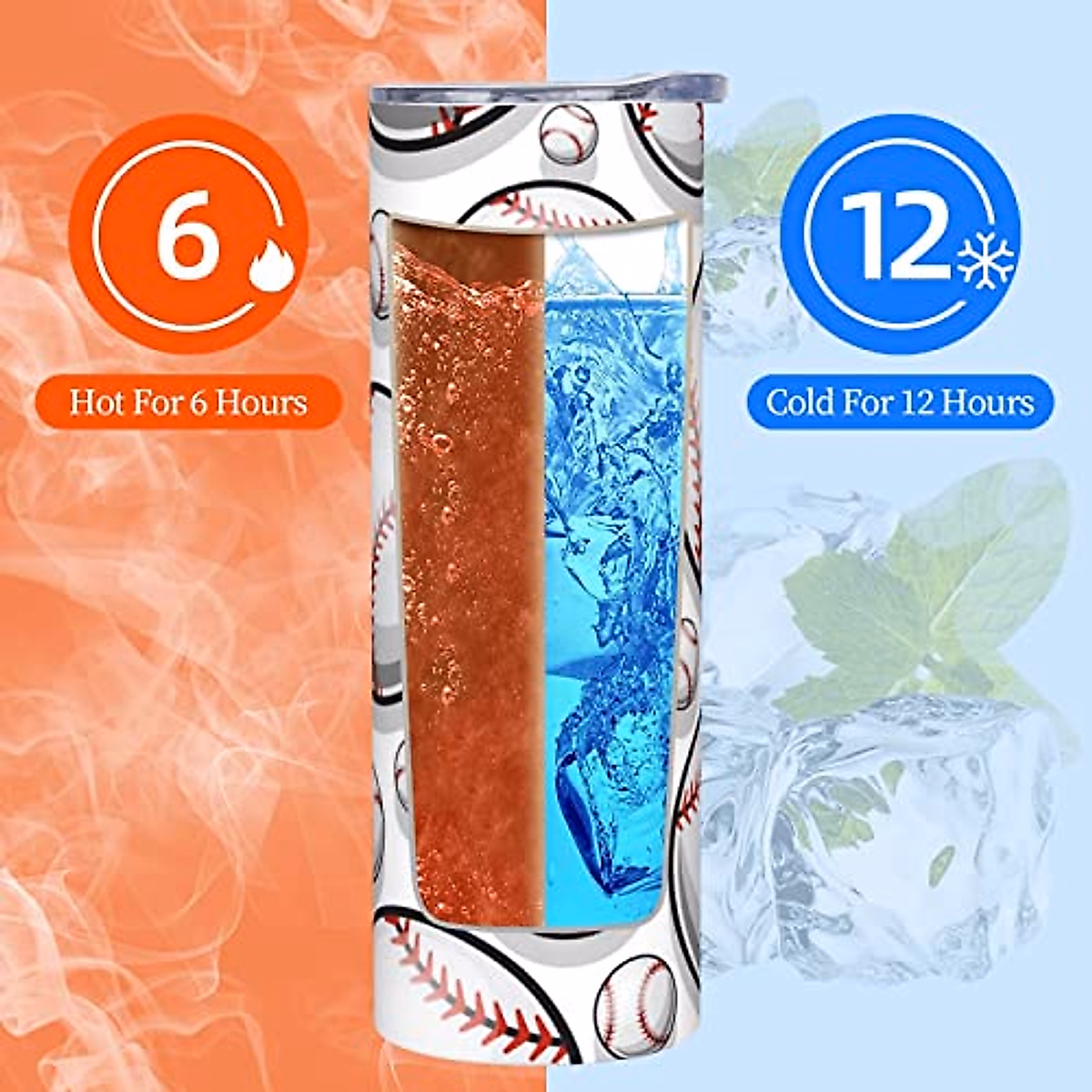 Stainless Steel Skinny Tumbler Baseball Pattern Travel Cup 20 Oz Double Wall Slim Insulated Coffee Mug With Splash Proof Lid & Straw & Cleaning Brush For Home Office