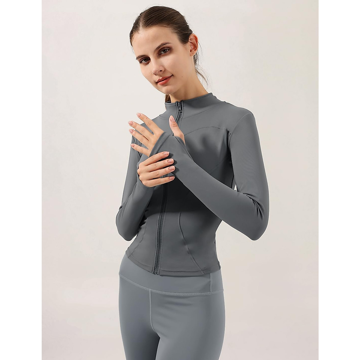 Locachy Women's Lightweight Stretchy Workout Full Zip Running Track Jacket with Thumb Holes Grey L