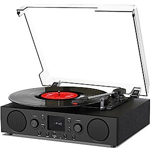 Record Player with Speakers 3 Speed Bluetooth USB Recording FM Radio Vintage LP Player with Stereo Sound Turntable for Vinyl Records Support Bluetooth RCA AUX-in, Black