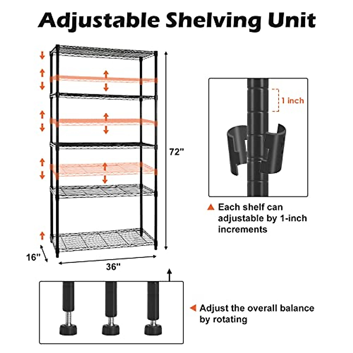 WDT 5-Shelf Shelving Storage Units on Wheels Casters, Adjustable Heavy Duty Metal Shelf Wire Storage Rack for Home Office Garage Kitchen Bathroom Metal Rack (16”Wx36”Dx75”H), Black