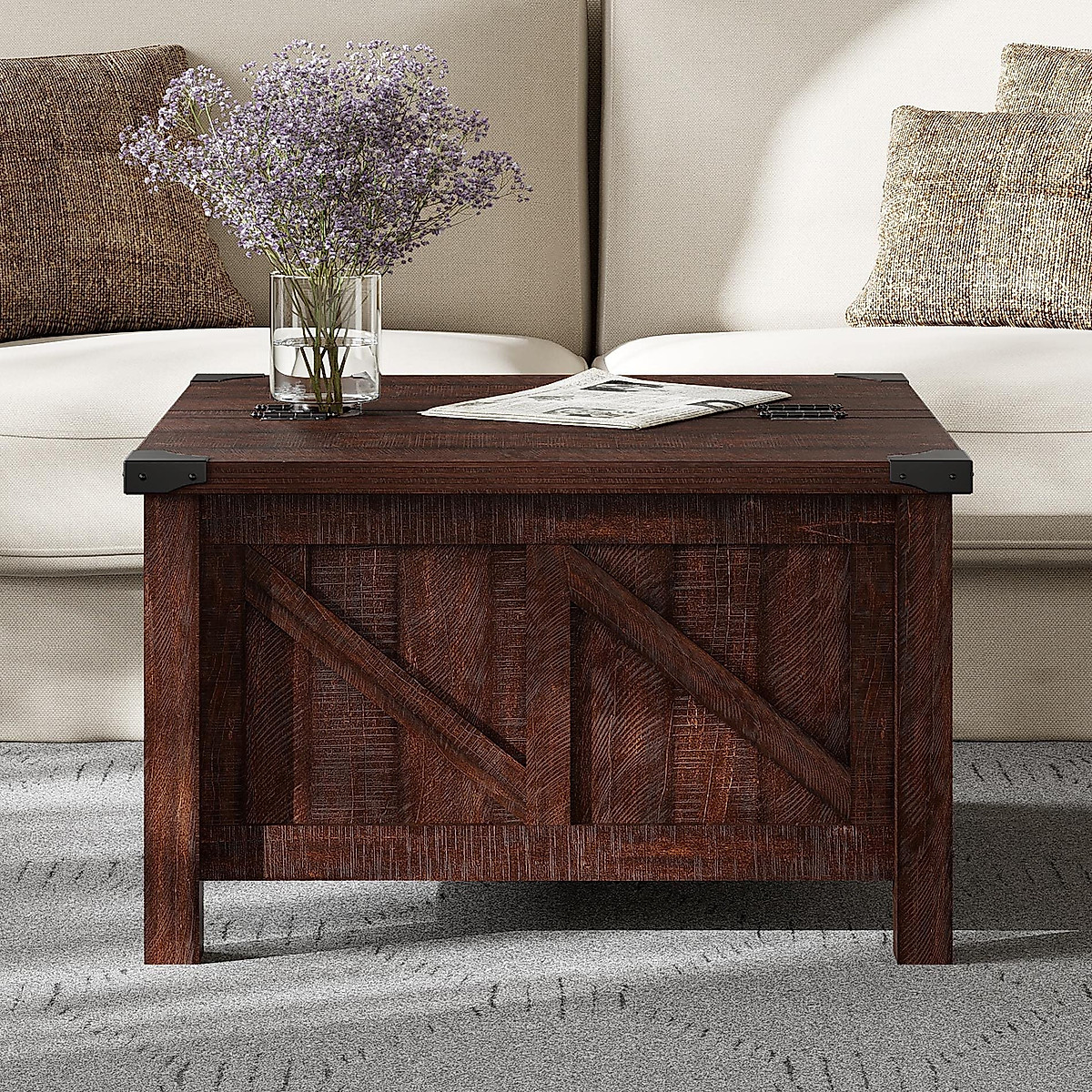 WAMPAT Modern Farmhouse Coffee Table, Square Wood Center Table with Gas Struts Lift-Top for Extra Large Hidden Storage, Metal Bracket Corner, Z-Shaped, Rustic Brown