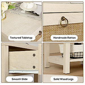 VOWNER 2 PCS White Rattan Nightstand Set of 2, Wood Night Stand with Vintage Metal Pull Handle, Bedside Table Boho End Tables Side Tables with Storage Shelf, for Bedroom