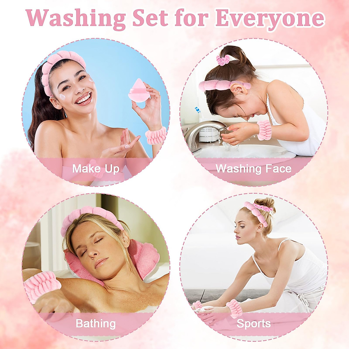 Araluky Spa Headband Set, 7Pcs Puffy Terry Cloth Headband and Wristband for Skincare, Makeup, Yoga, Shower, Spa Party, Sleepover Party, Pink