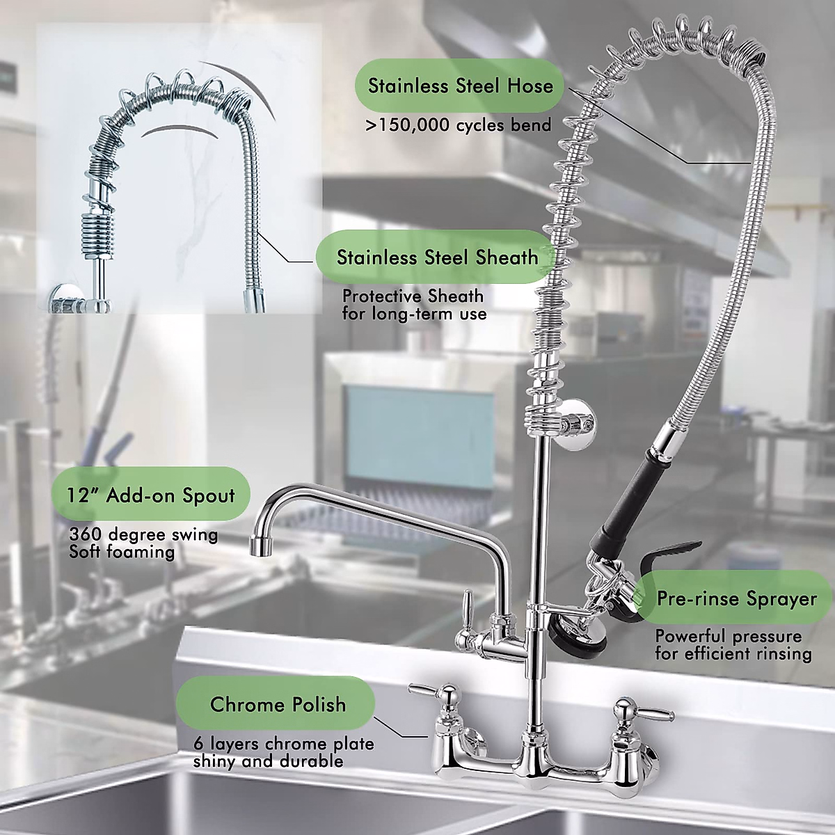 HYAHDEN Commercial Faucet with Pre Rinse Sprayer, 8 Inch Wall Mount Faucet for 3 Compartment Sink, Commercial Faucet Restaurant Kitchen Faucet with 12” Spout, 35" Height, Industrial, Chrome, Brass