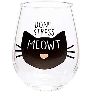 X&O Paper Goods Black Cat 'Don't Stress Meowt' Plastic Stemless Wine Glass, 12 oz., 3.5'' W x 4.5'' H
