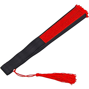 Womens Multi Color Handmade Cotton Lace Folding Hand Fan (Black-A) (Red)