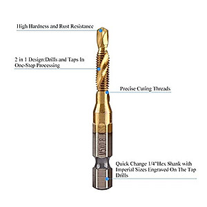 6pcs Tap Drill Bits Set, HSS M3-M10 Coated Combination 1/4" Hex Shank Screw Thread Metric Tap Drill