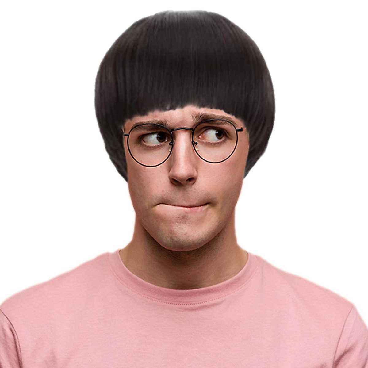 ANOGOL Hair Cap + Short Black Bowl Cut Wig Men with Bangs Mushroom Wigs 60s Wig Mens Funny Wigs for Movie Halloween Cosplay Costume Party