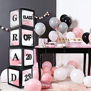 LINGTEER Class of 2023 Black Balloons Box Graduation Party Decorations - 4Pcs Balloon Boxes Cheers to School Grad Party Decorations Supplies.