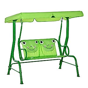 Outsunny Porch Swing for Kids with Adjustable Canopy to Block Sun at Angles, Kids Swing Chair with Seatbelts, Frog Gift for Kids, Tree Bark Brown, for Ages 3-6, Green