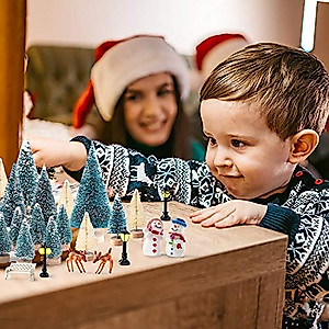 PLULON 33Pcs Mini Christmas Village Accessories, Christmas Trees Bottle Brush Trees with Miniature Christmas Ornaments Snowman, Mini Garden Street Lamps, Deer for Winter Holiday Village Decorations