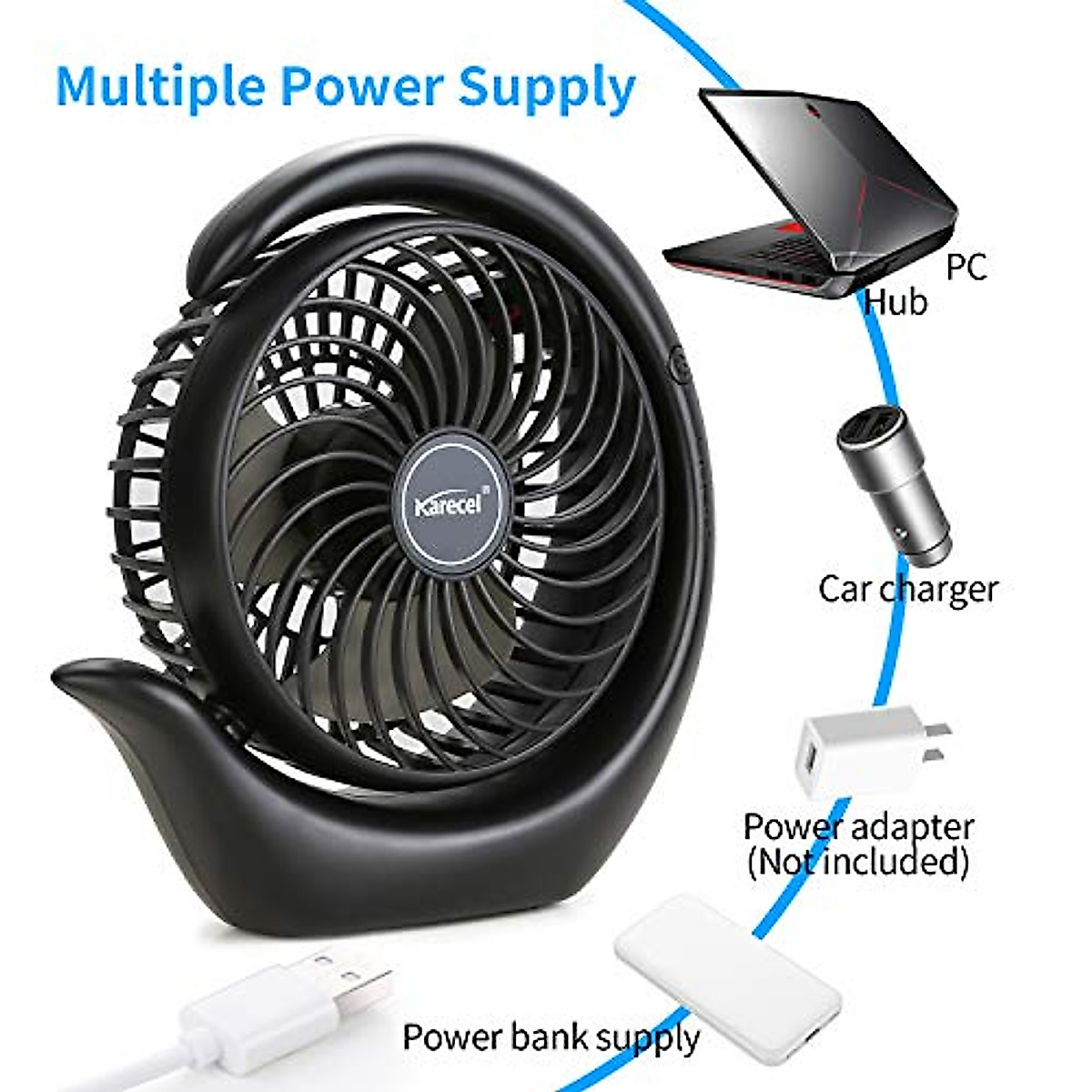 KARECEL Battery Operated Fan, Rechargeable Fan 3 Speeds Small Desk Portable Fan, Long Life Battery & USB Powered Mini Fan, Personal Quiet Strong Wind Desktop Fan for Travel Camping Office Home (Black)