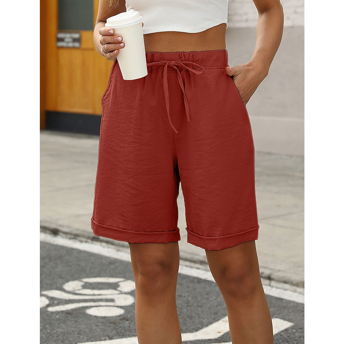 Tanming Women's Summer Casual Elastic Waist Rolled Hem Bermuda Shorts with Belt (Red, X-Large)