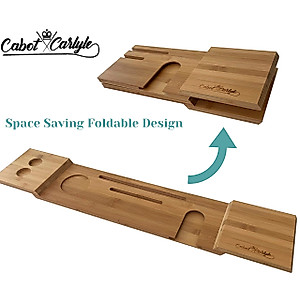 Cabot & Carlyle Luxury Bath Caddy Tray for Tub | Bath Table | Premium Bamboo Bathtub Tray for Tub | Fits All Bath Accessories Wine Glass, Books, Tablets, Cellphones, Shampoo | Bath Shelf Foldable.