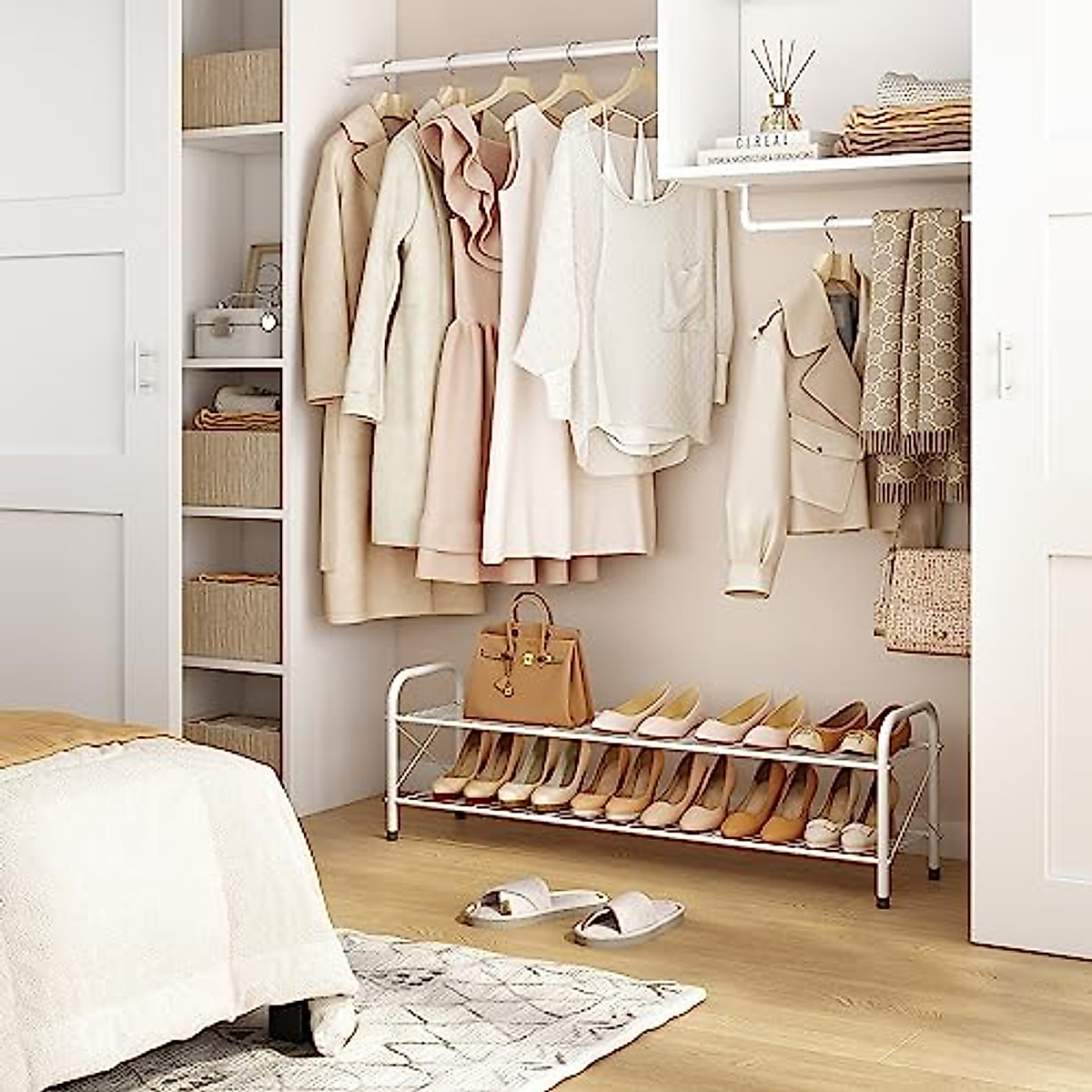 Hoctieon 2 Tier Shoe Rack for Closet, Shoe Rack FreeStanding, Entryway Shoe Shelf, Shoe Storage Organizer, Durable Mesh Style Shoe Rack, White